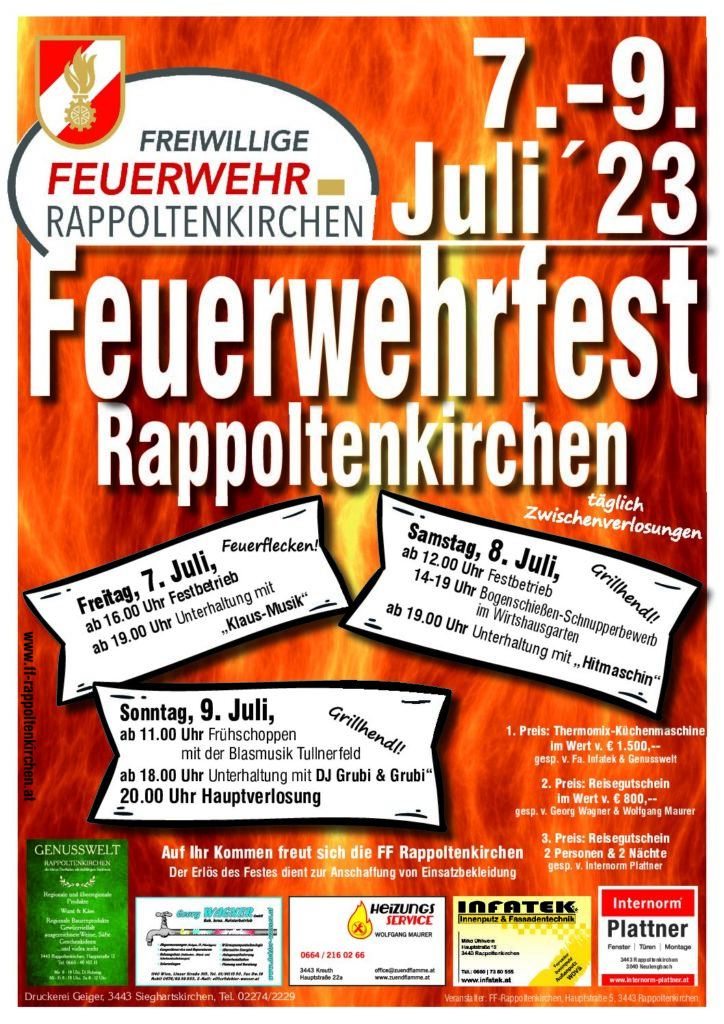 7. bis 9. Juli – FEUERWEHRFEST – Freiwillige Feuerwehr Rappoltenkirchen